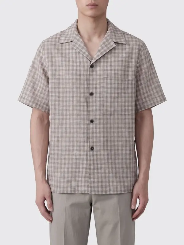 HEVO Check Linen-blend Bowling Shirt With A Cuban Collar And Patch Pocket - Beige