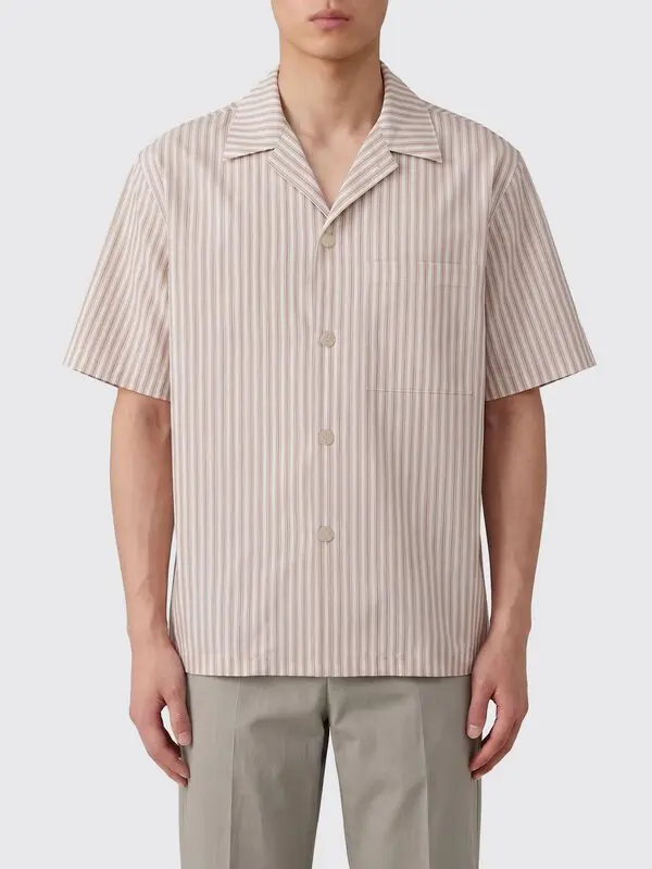 HEVO Striped Cotton Bowling Shirt With A Cuban Collar And Patch Pocket - Beige
