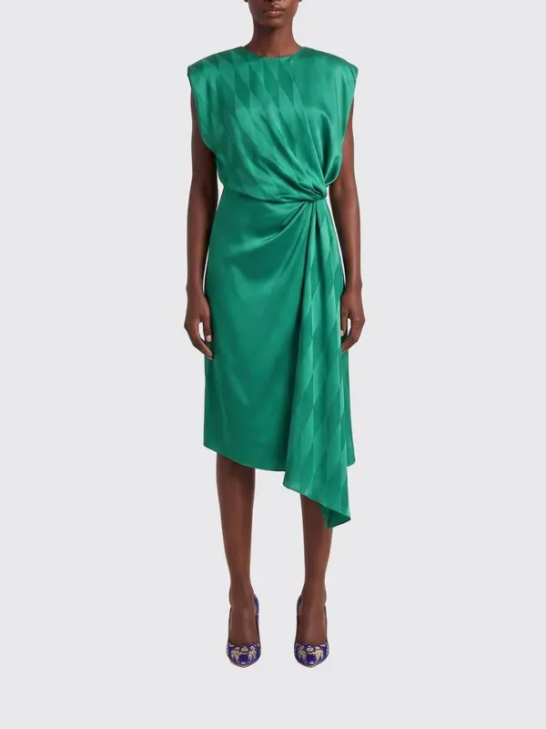 Versace Sleeveless Asymmetrical Midi Dress In Silk And Viscose Satin - Emerald
