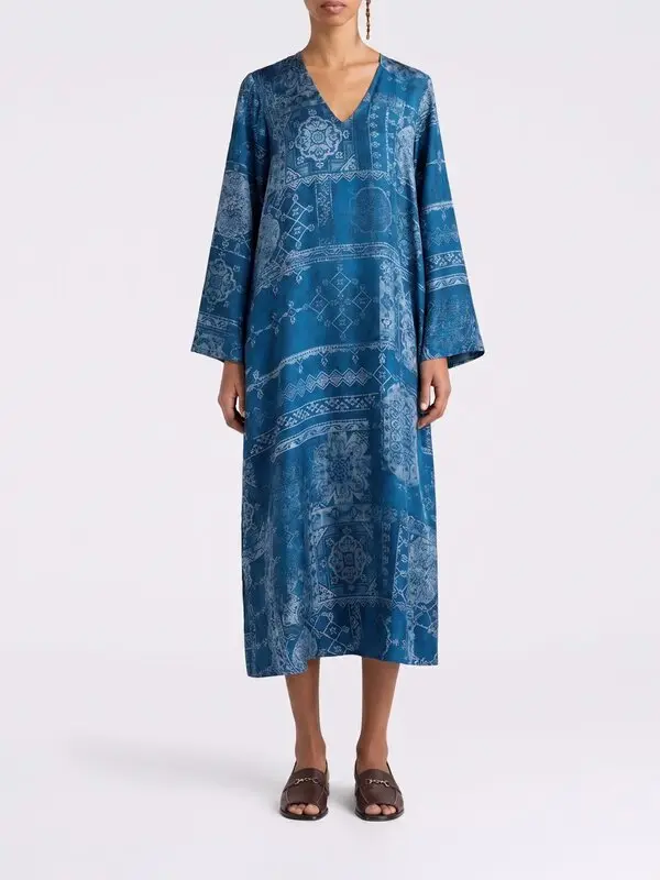 Momoni Ethnic Print Silk Midi Dress - Blue