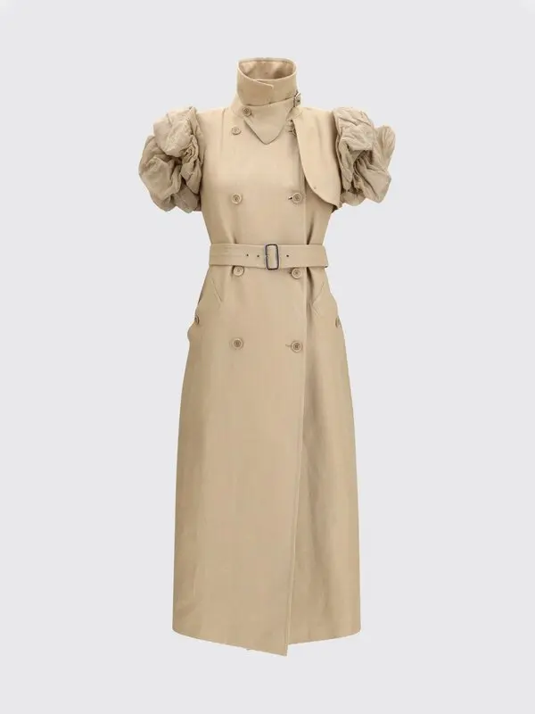 Max Mara Linen Double-breasted Trench Coat With Ruffle Sleeves - Sand