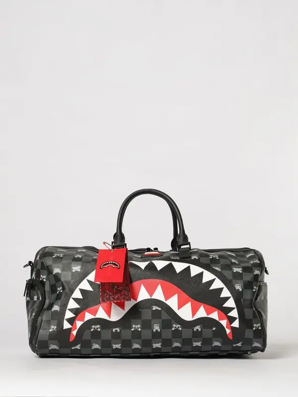 SPRAYGROUND Checkered Saffiano Coated Cotton Duffle Bag With Shark Graphic - Black