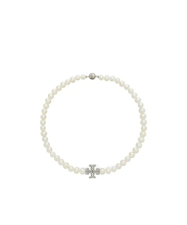 Tory Burch Kira Pearl Necklace With Embellished Logo Pendant - Tory Silver / Pearl / Crystal