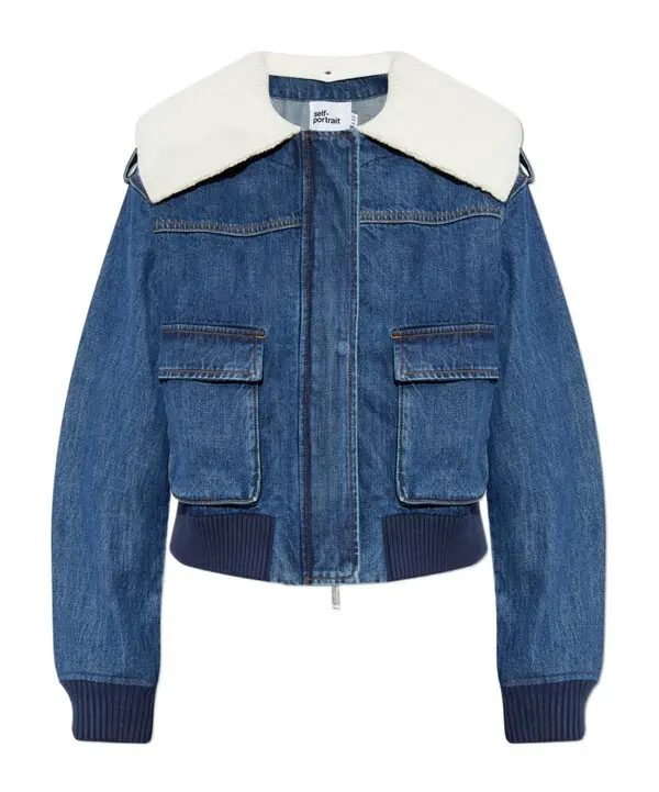 SELF-PORTRAIT Denim Jacket With Knitted Collar - Blue