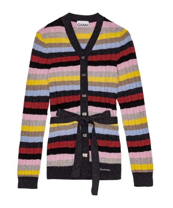 GANNI Striped Belted Cardigan