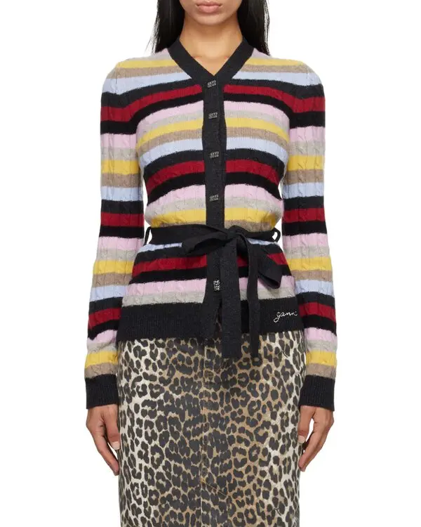 GANNI Striped Belted Cardigan