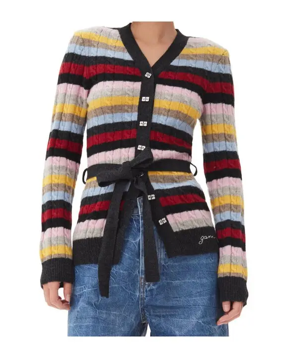 GANNI Striped Belted Cardigan