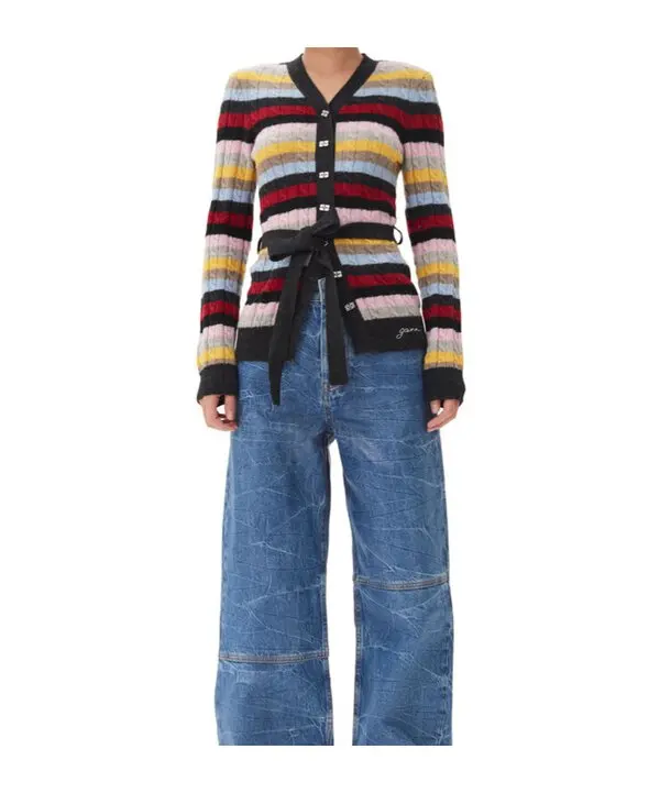 GANNI Striped Belted Cardigan