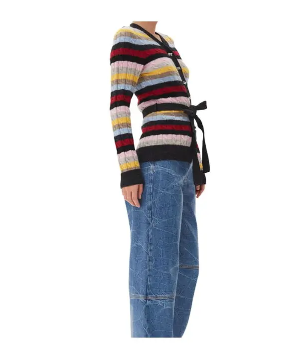 GANNI Striped Belted Cardigan