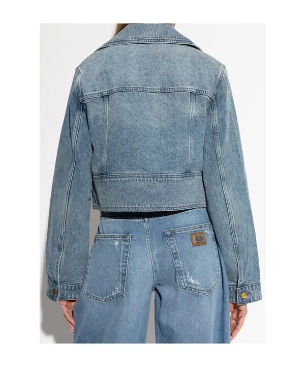 Michael Kors Cropped Denim Jacket With Classic Lapels