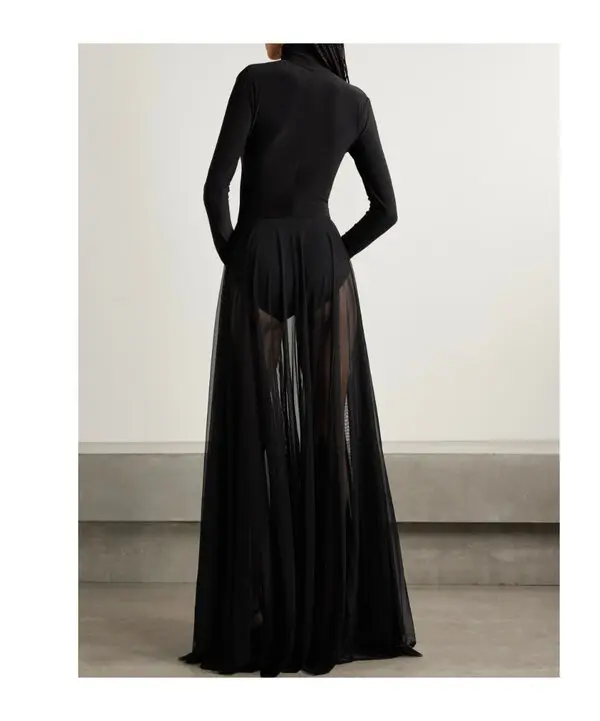 Norma Kamali Long Sleeve Turtleneck Mesh Maxi Dress