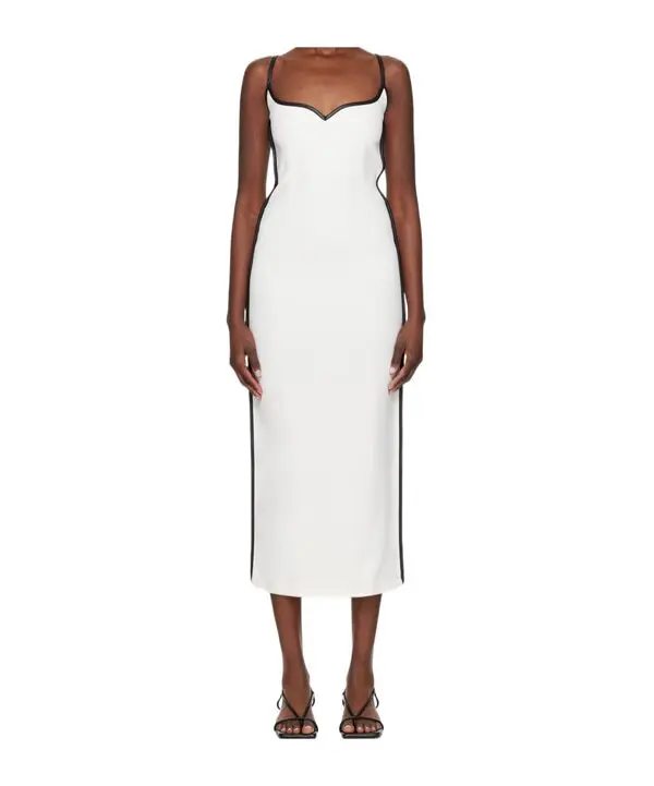 Paris Georgia Sweetheart Neckline Grained Faux-leather Trim Dress - White