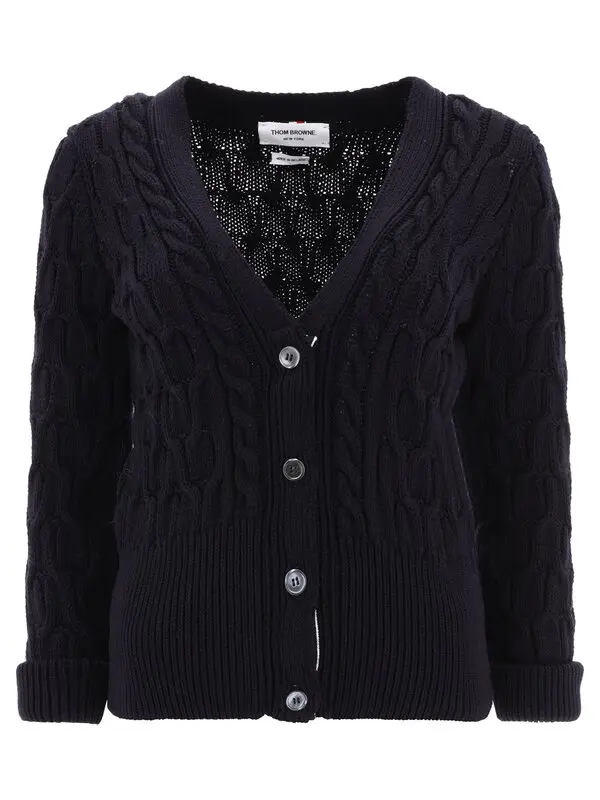 Thom Browne Cable Knit V-neck Cardigan With Signature Striped Trim