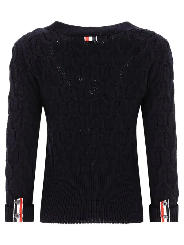 Thom Browne Cable Knit V-neck Cardigan With Signature Striped Trim