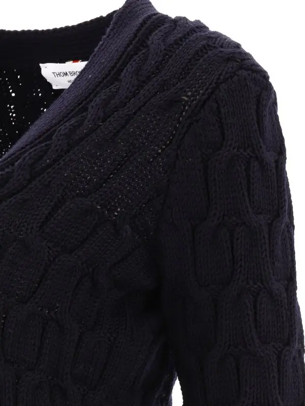 Thom Browne Cable Knit V-neck Cardigan With Signature Striped Trim