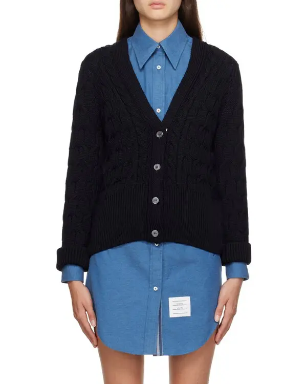 Thom Browne Cable Knit V-neck Cardigan With Signature Striped Trim