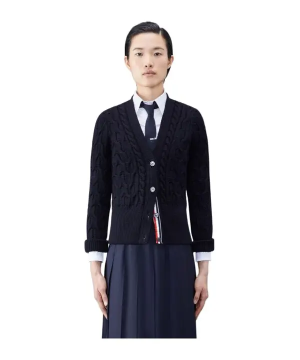 Thom Browne Cable Knit V-neck Cardigan With Signature Striped Trim