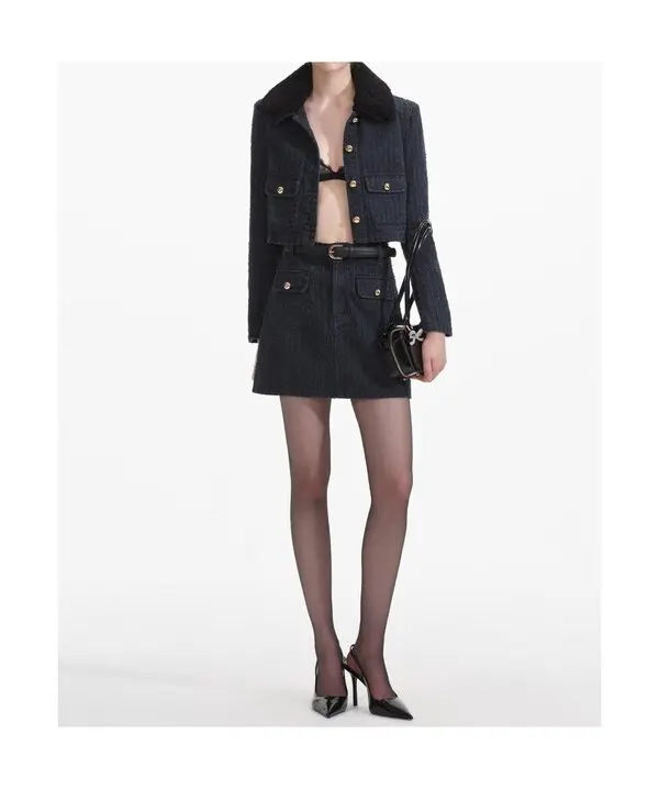 SELF-PORTRAIT Textured Denim Jacket With Button Details