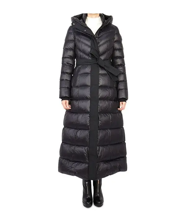 Mackage Calina Lustrous Down Maxi Coat With Drawstring Hood And Belted Waist