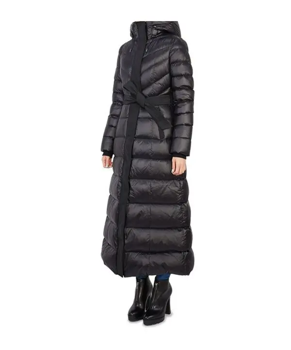 Mackage Calina Lustrous Down Maxi Coat With Drawstring Hood And Belted Waist