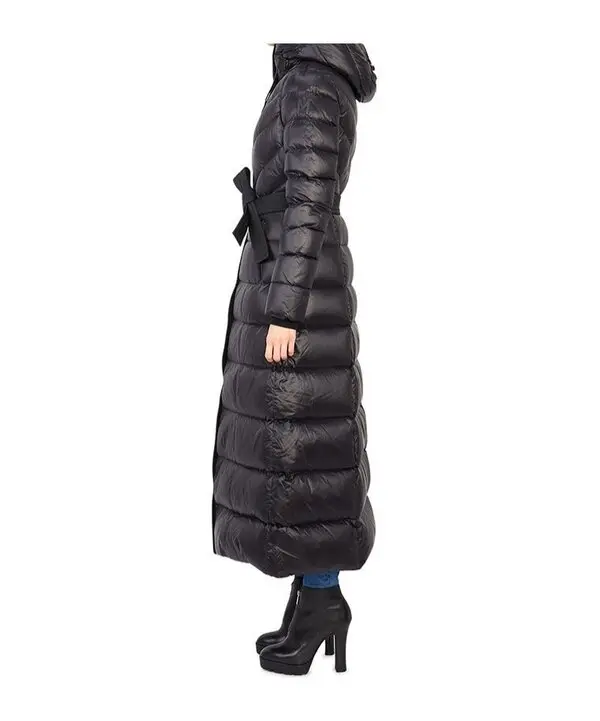 Mackage Calina Lustrous Down Maxi Coat With Drawstring Hood And Belted Waist