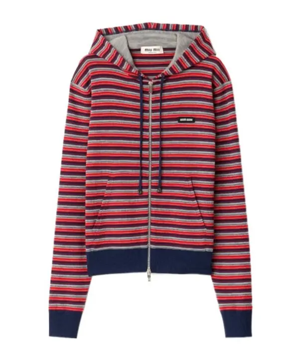 Miu Miu Striped Wool Zip-up Hoodie Jacket - Red