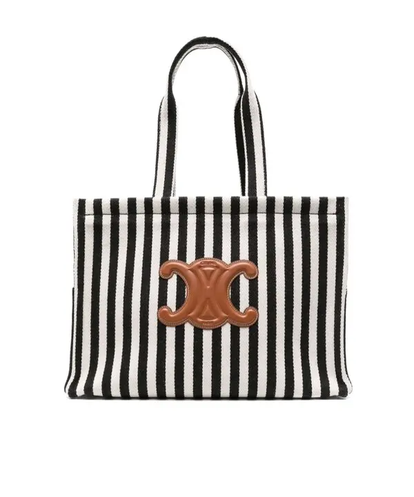 Celine Large Cabas Thais Tote Bag In Striped Textile And Calfskin - Black
