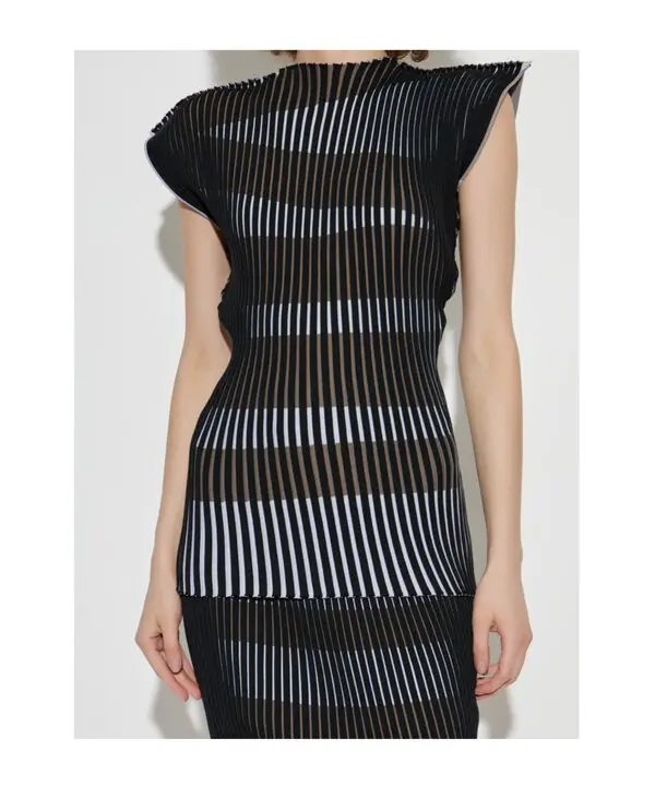 Issey Miyake Striped Pleated Top With Frayed Cuffs