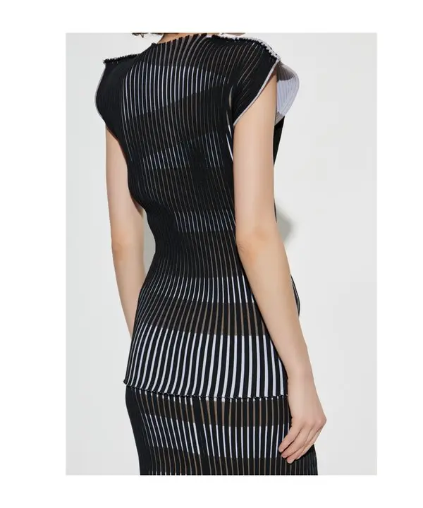 Issey Miyake Striped Pleated Top With Frayed Cuffs