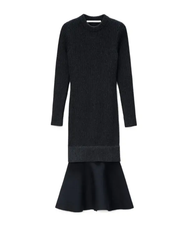 Alexander Wang Ribbed Long Sleeve Midi Dress With Flared Hem
