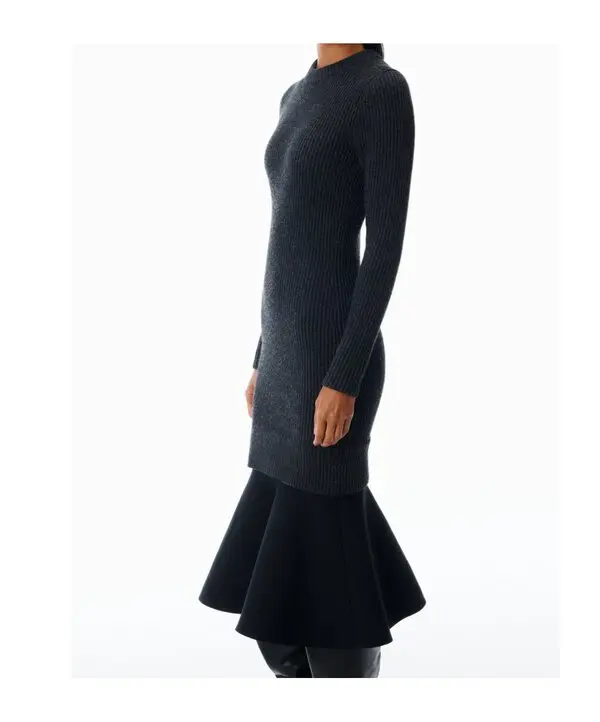Alexander Wang Ribbed Long Sleeve Midi Dress With Flared Hem