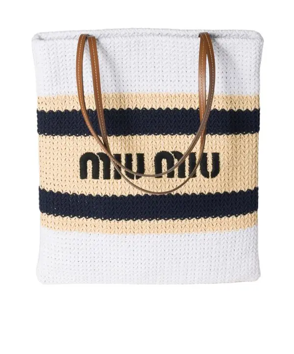 Miu Miu Raffia-effect Woven Tote Bag With Leather Handles - Tan/white