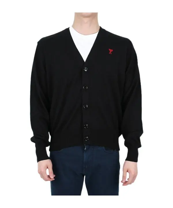 Ami Long Sleeve Cardigan With Logo Embellishment