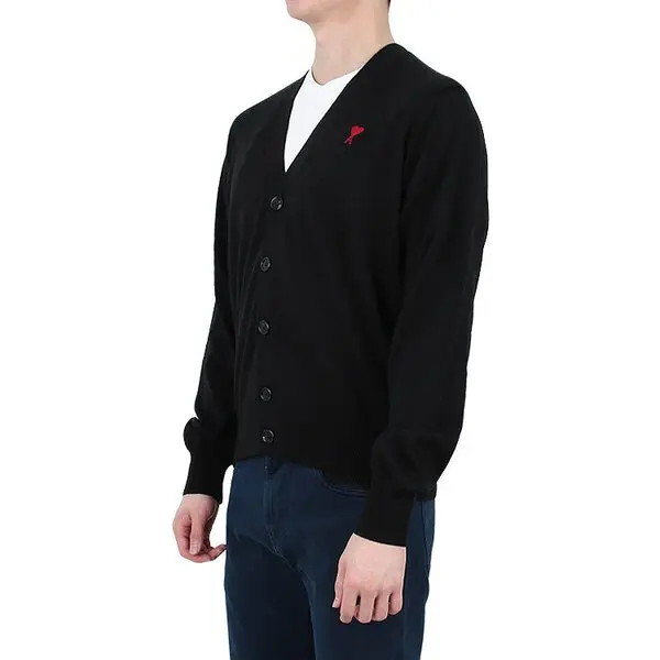 Ami Long Sleeve Cardigan With Logo Embellishment