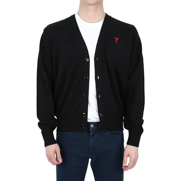 Ami Long Sleeve Cardigan With Logo Embellishment