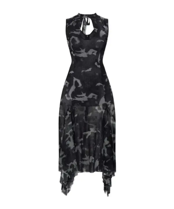 MISBHV Keyhole-neck Asymmetric Dress With Printed Sheer Fabric