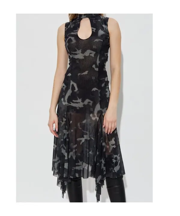 MISBHV Keyhole-neck Asymmetric Dress With Printed Sheer Fabric