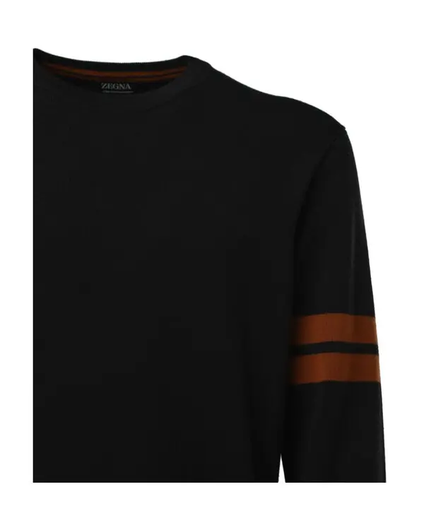 Zegna Wool Round-neck Pullover With Striped Sleeves