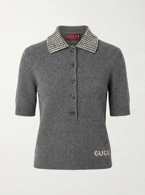 Gucci Ribbed Knit Polo With Crystal Embellished Collar