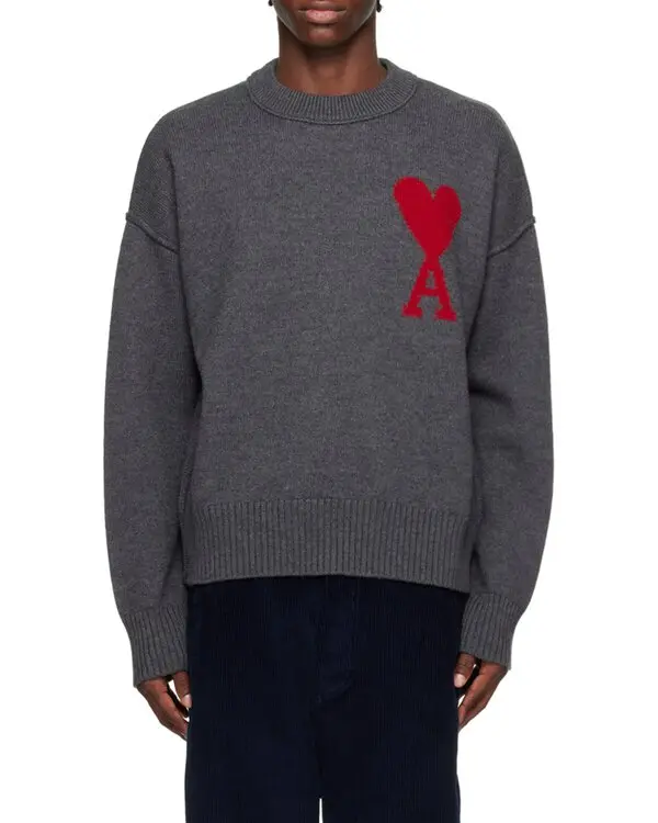 AMI Paris De Coeur Crewneck Long-sleeved Jumper - Gray