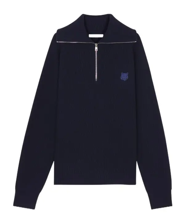 Maison Kitsuné Fox-patch Half-zip Waffle-knitted Jumper