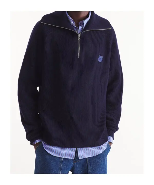 Maison Kitsuné Fox-patch Half-zip Waffle-knitted Jumper