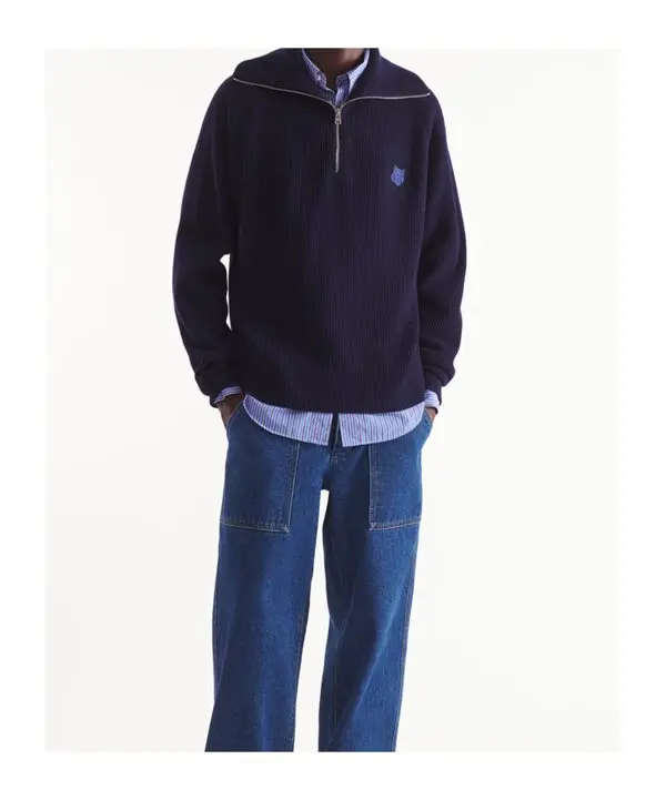 Maison Kitsuné Fox-patch Half-zip Waffle-knitted Jumper