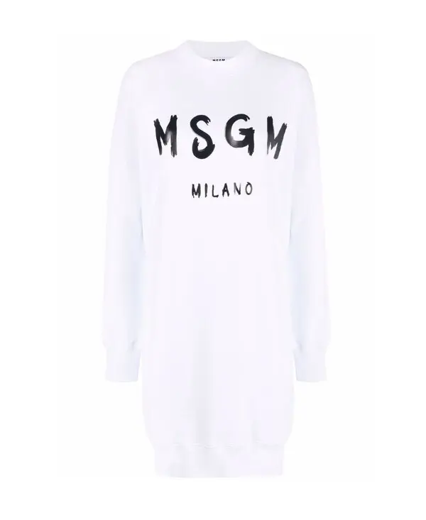 MSGM Cotton Logo Print Round Neck Jumper Dress - White