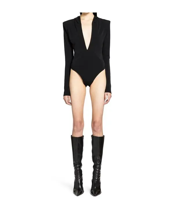 MUGLER Hooded V-neck Bodysuit With Shoulder Pads