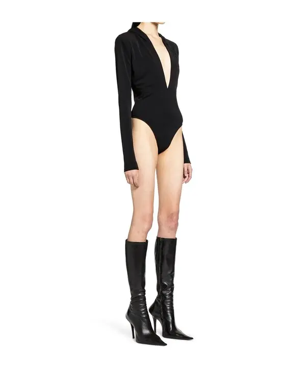 MUGLER Hooded V-neck Bodysuit With Shoulder Pads