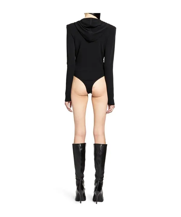 MUGLER Hooded V-neck Bodysuit With Shoulder Pads