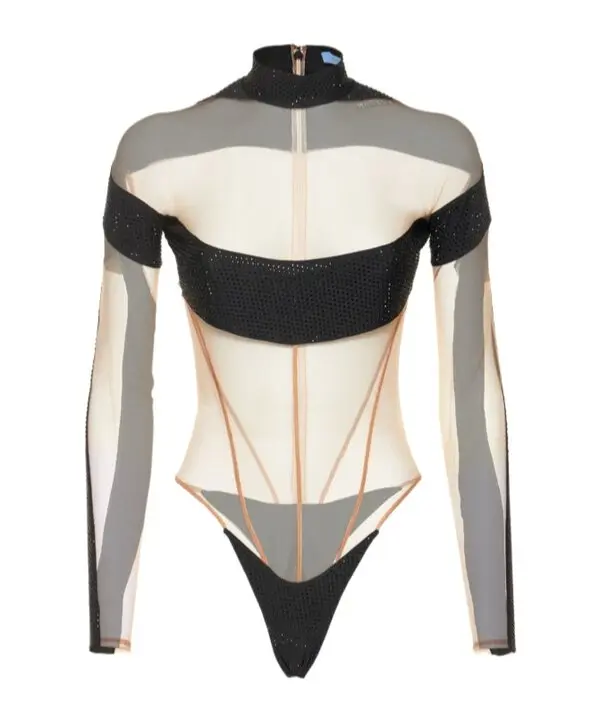 MUGLER High Neck Embellished Tulle Knit Bodysuit