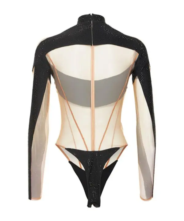 MUGLER High Neck Embellished Tulle Knit Bodysuit