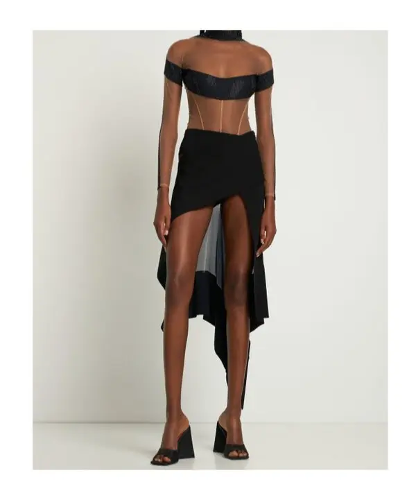 MUGLER High Neck Embellished Tulle Knit Bodysuit